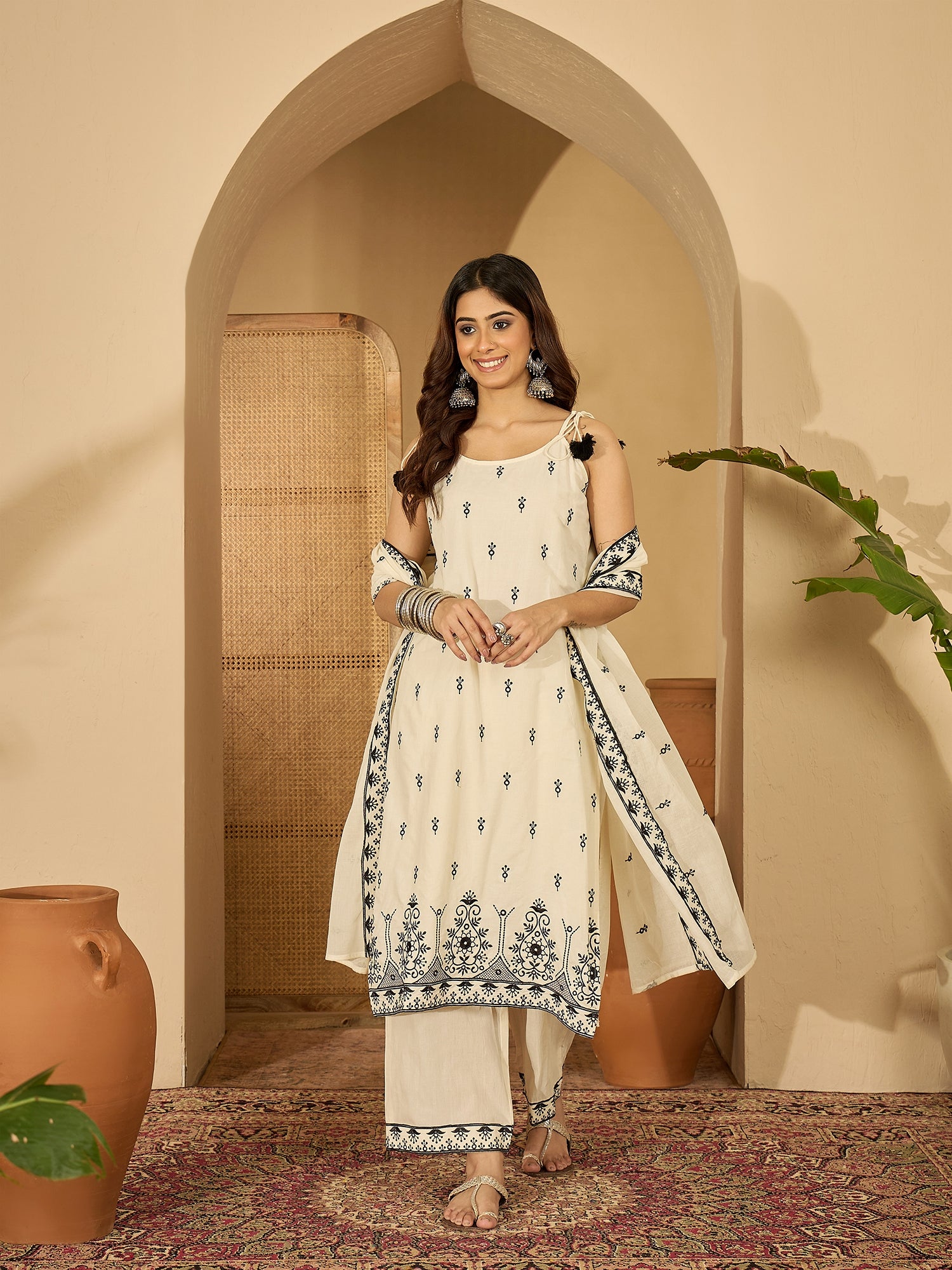 Pure Cotton Embroidered Shoulder Strap Kurta With Pant & Dupatta Kurta ...
