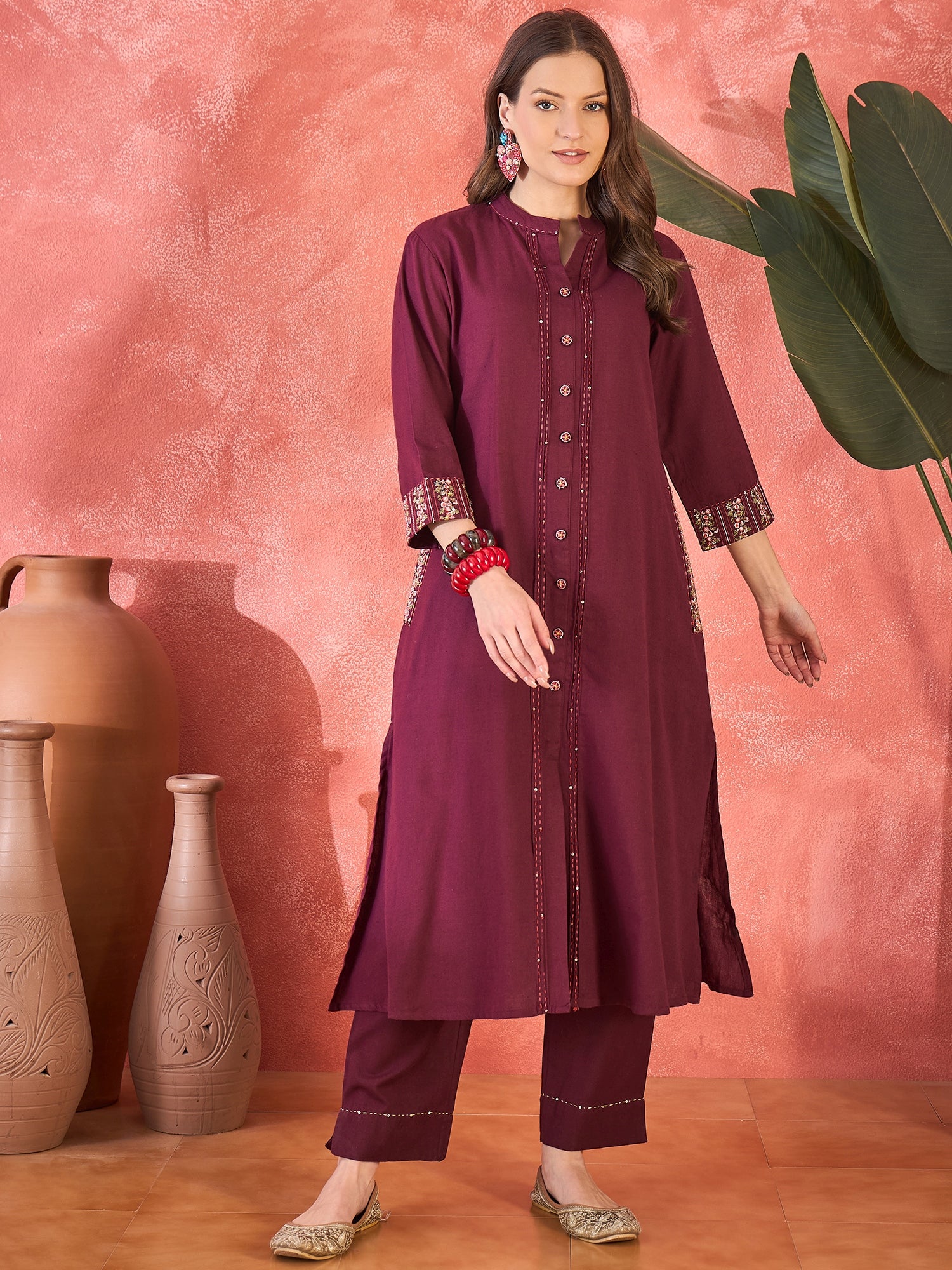 Pure Cotton Mirror Work Straight Kurta With Trouser Kurta Set – Bunaaiwalaa